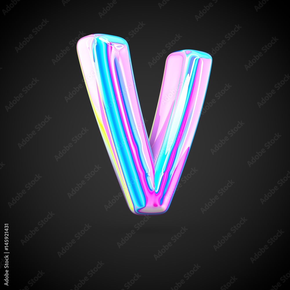 Glossy holographic alphabet letter V uppercase isolated on black ...