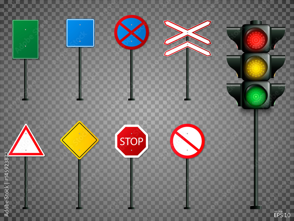 Set of road signs, traffic light. EPS10 vector illustration. Isolated ...