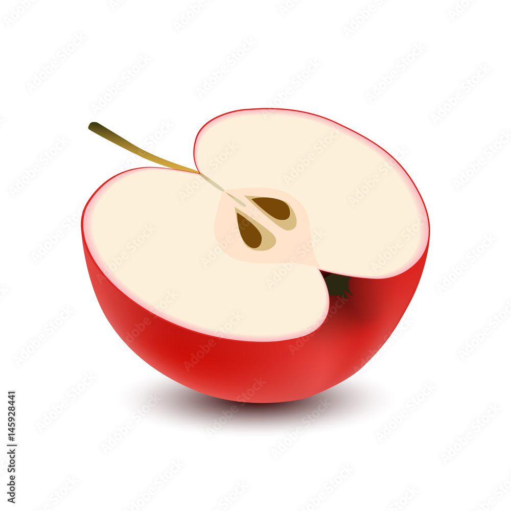 Isolated realistic colored half slice of juicy red apple with shadow on ...