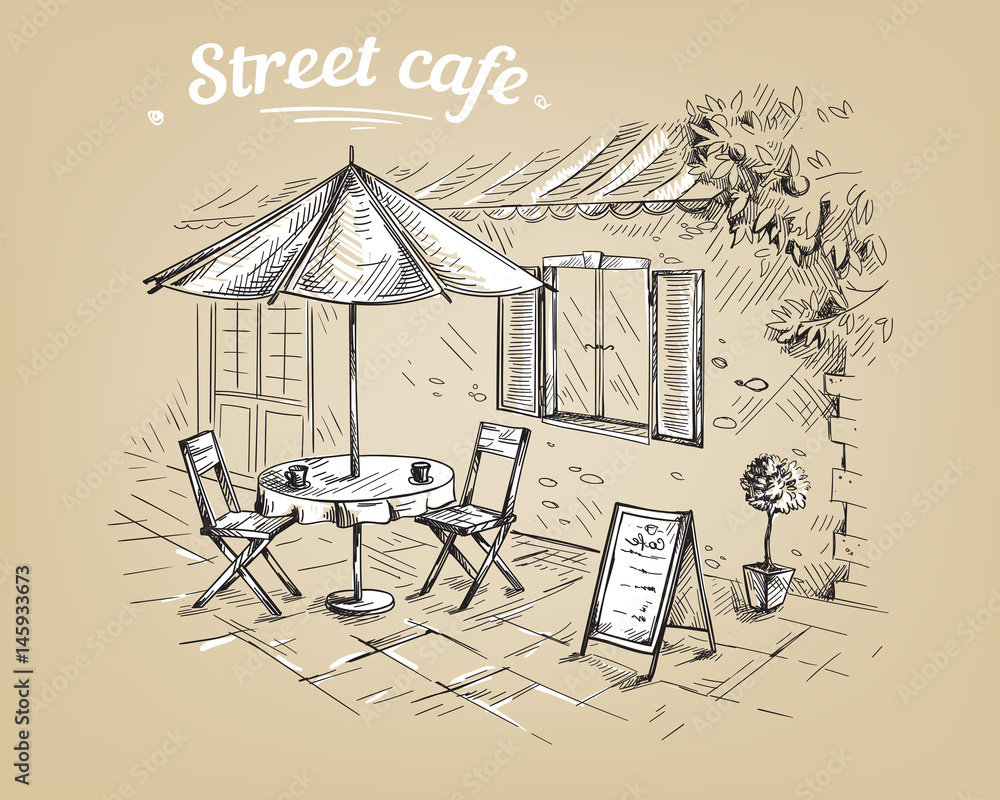 Café Teken Clipart Poster French Street Cafe, Hand Drawn Vector