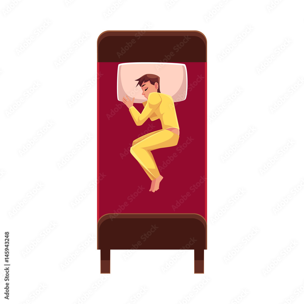 Man sleeping in bed, wearing pajamas, lying on side uncovered, top view ...