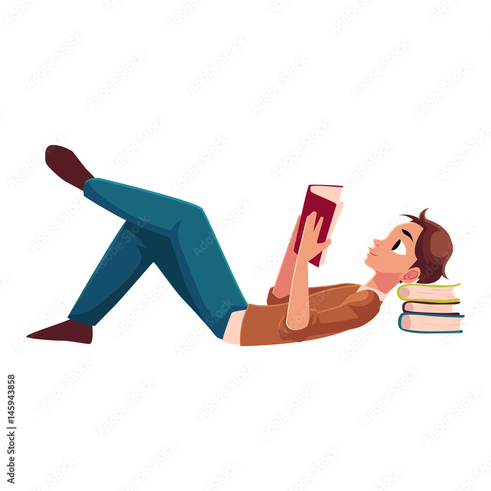 Young man, boy reading book lying on the floor, side view cartoon ...