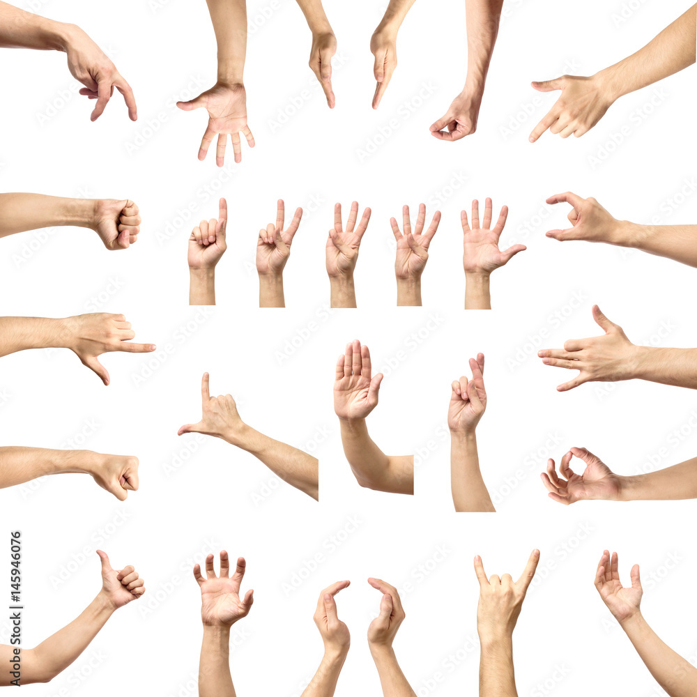 Multiple male caucasian hand gestures isolated over the white ...