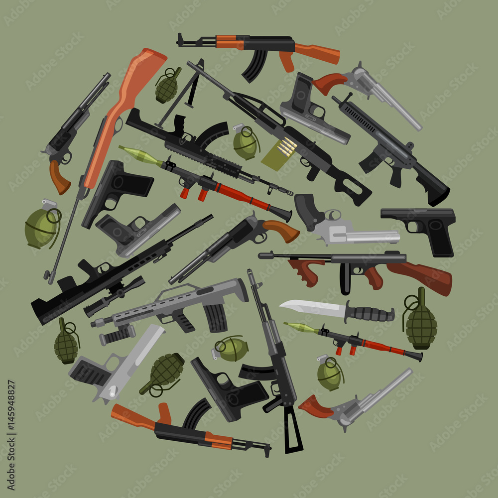 military gun set, automatic and hand weapon in magazine barrel with ...