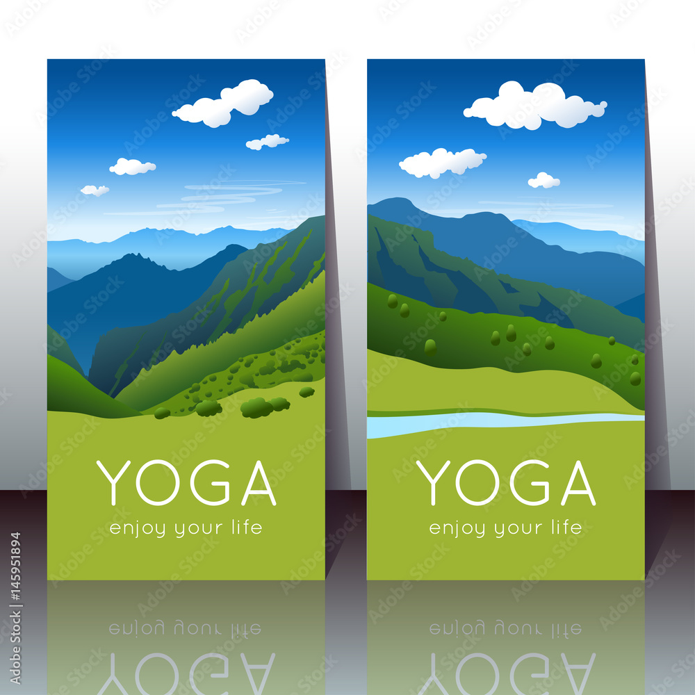 Vector yoga cards with summer mountain landscape and sample text for ...