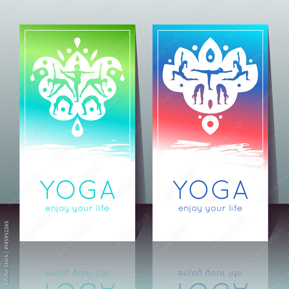 Vector yoga cards with girls in yoga poses, ethnic indian ornament and ...