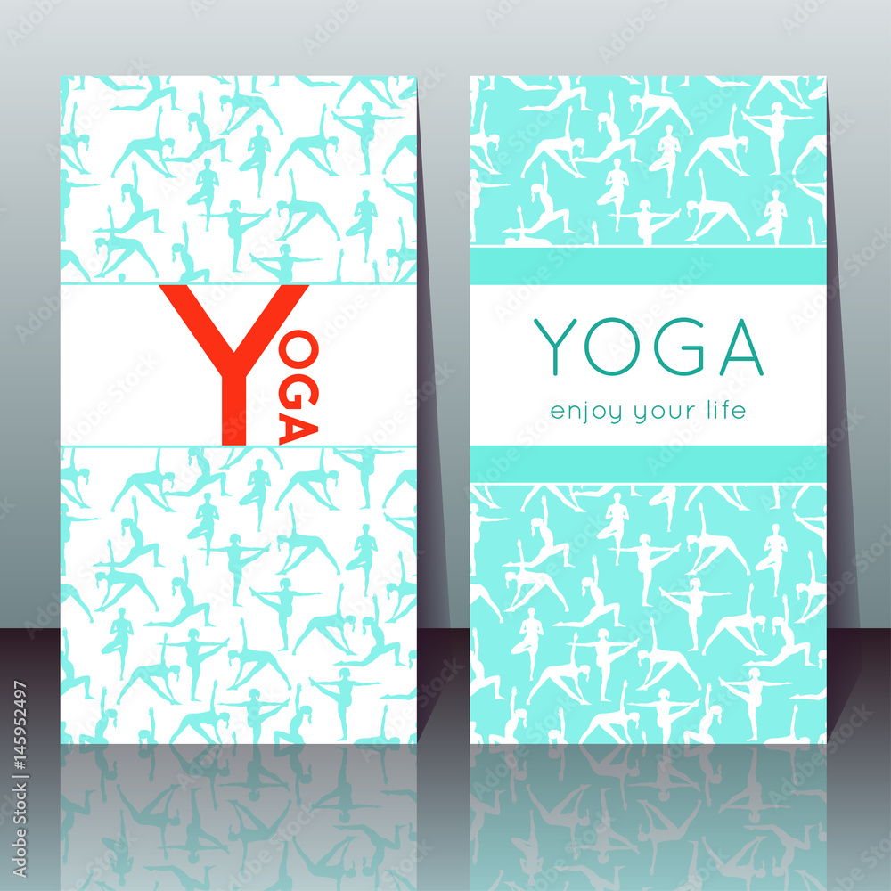 Vector yoga cards with girls in yoga poses and sample text for use as a ...