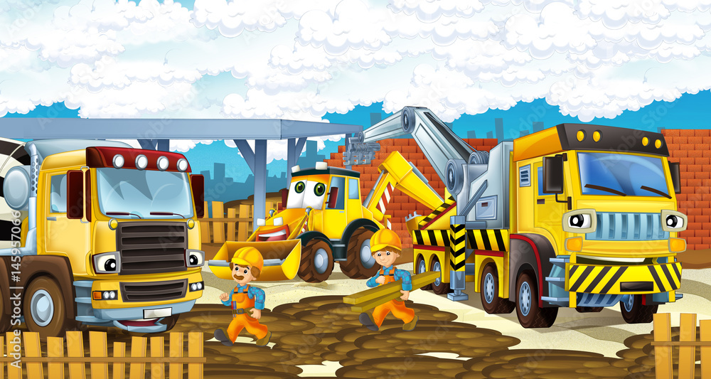 cartoon scene of a construction site with different heavy machines ...