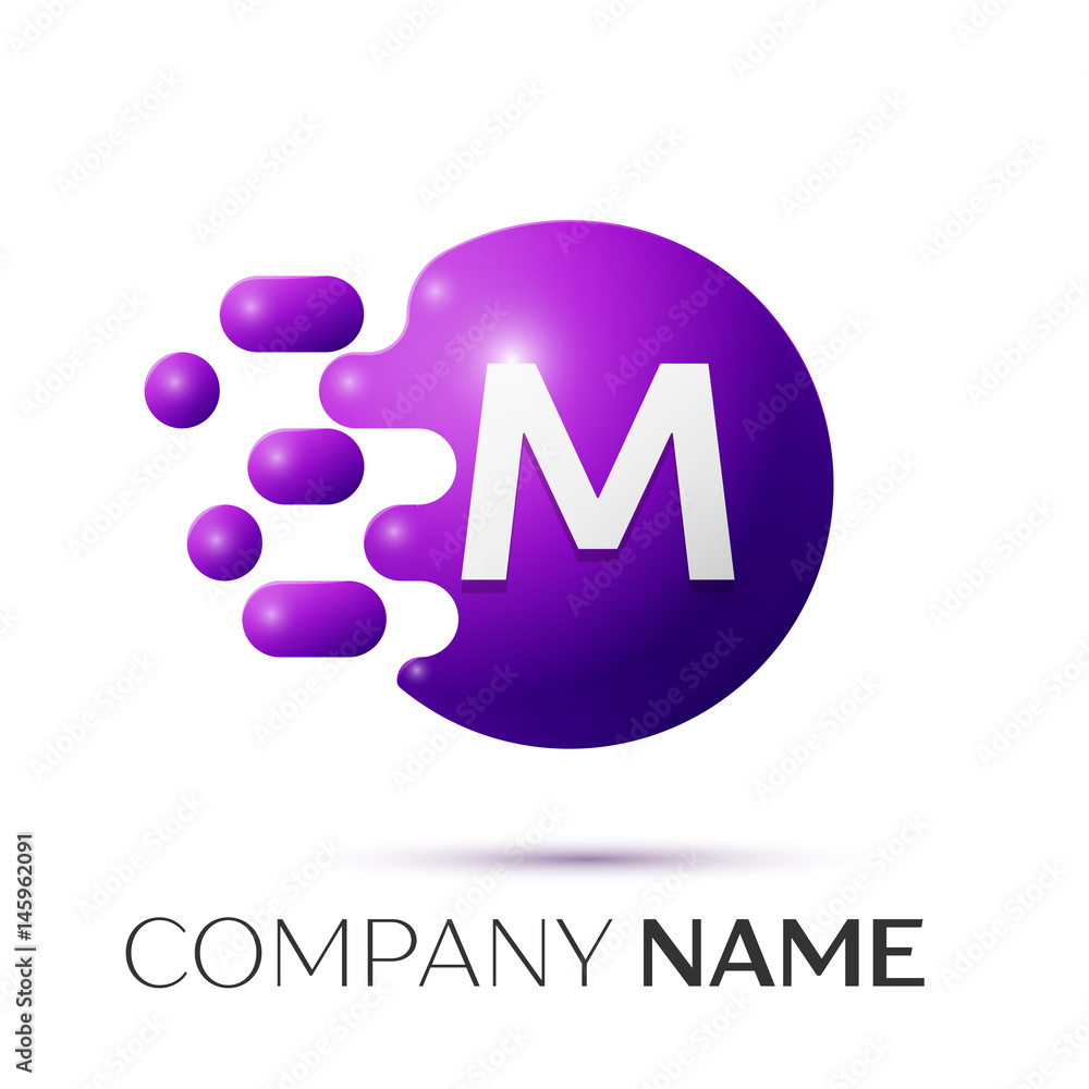 M Letter splash logo. Purple dots and circle bubble letter design on ...