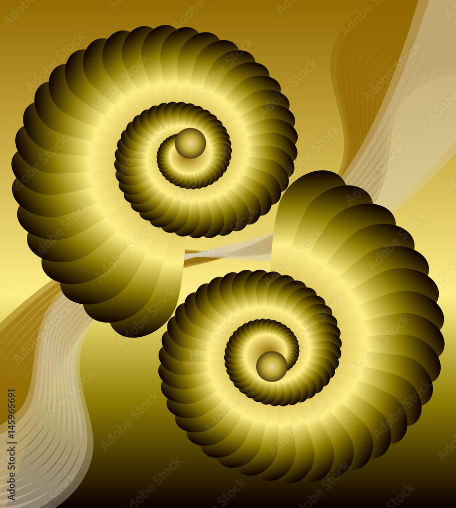 Golden background with shiny shells in optical art style with 3d ...