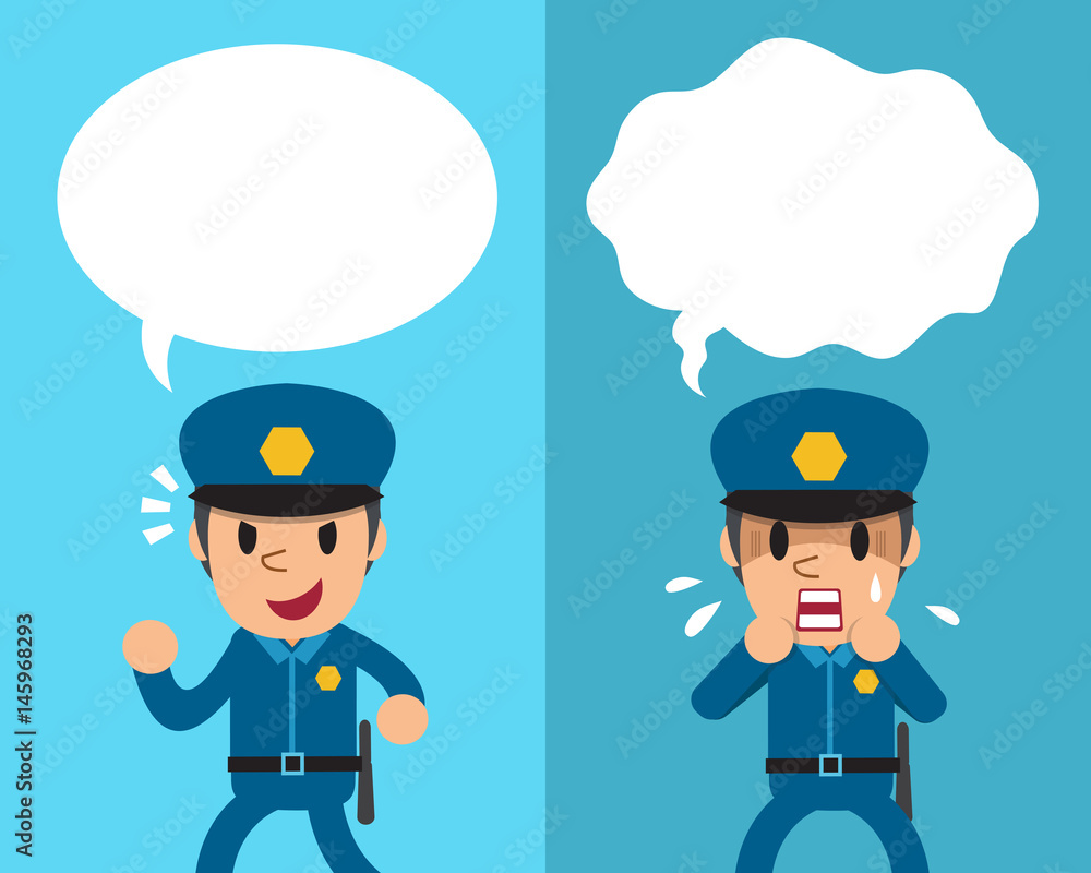 Cartoon policeman expressing different emotions with white speech ...