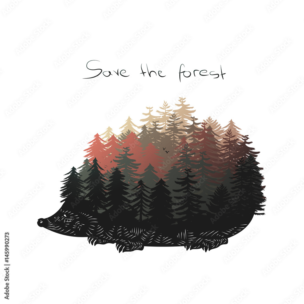 Hedgehog with quills as pine trees. A hand drawn vector illustration of ...