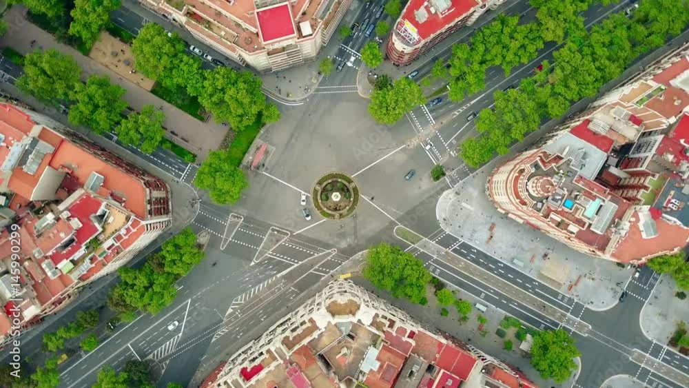 Roundabout in Barcelona, Spain, top view. 4K aerial rotating video ...