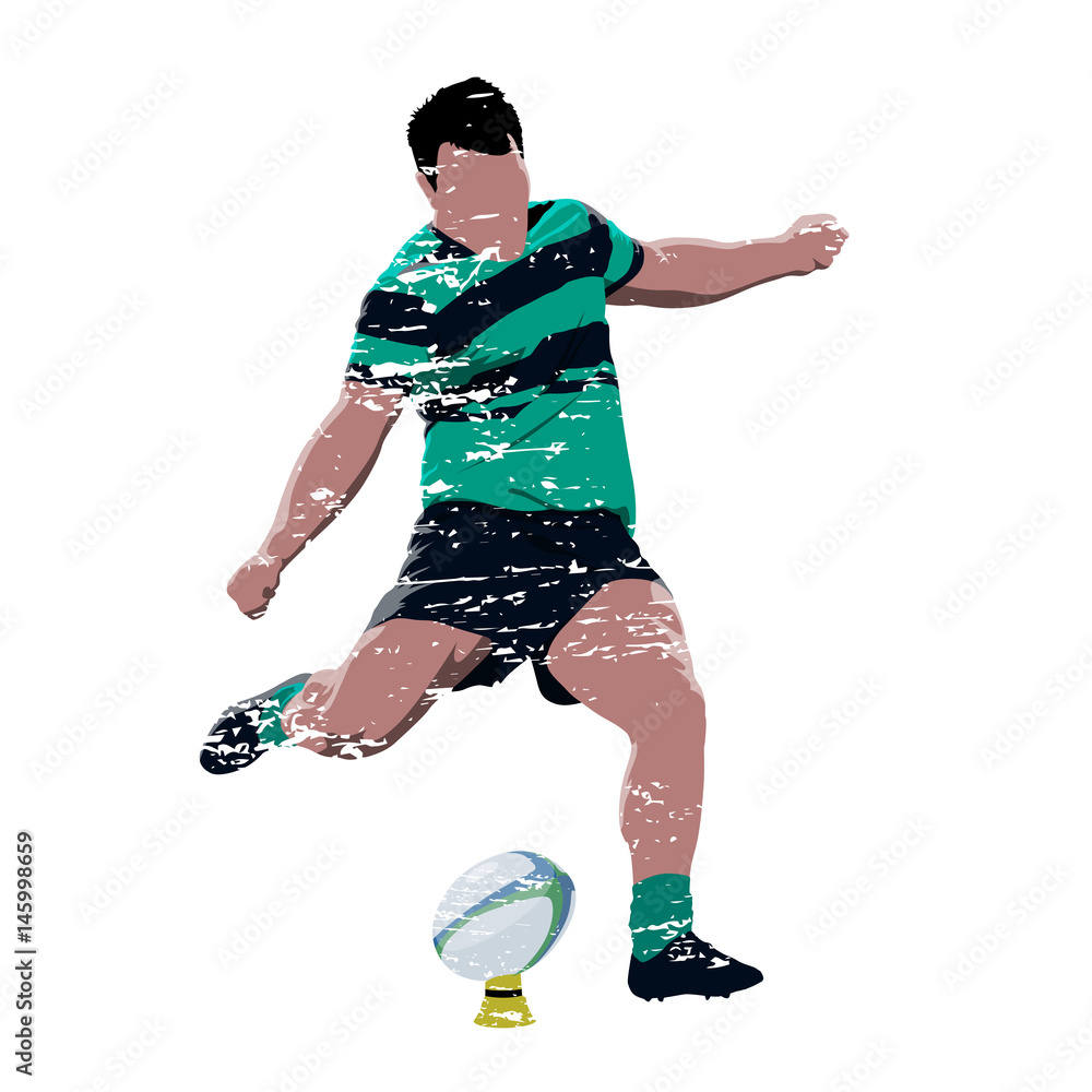 Grunge rugby player in green and black jersey kicking ball, abstract ...