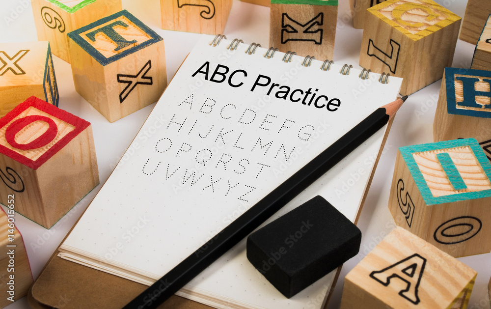Wood letter blocks alphabet ABC with notebook worksheet for practice ...