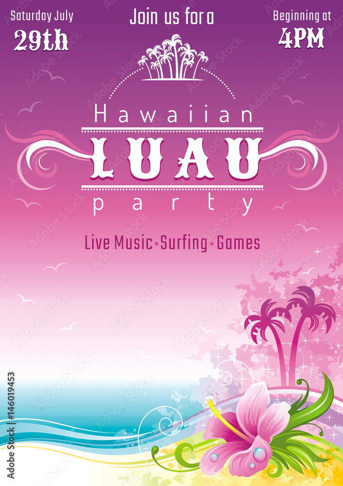 Evening beach sea flyer, hawaiian luau party. Watercolor hibiscus ...