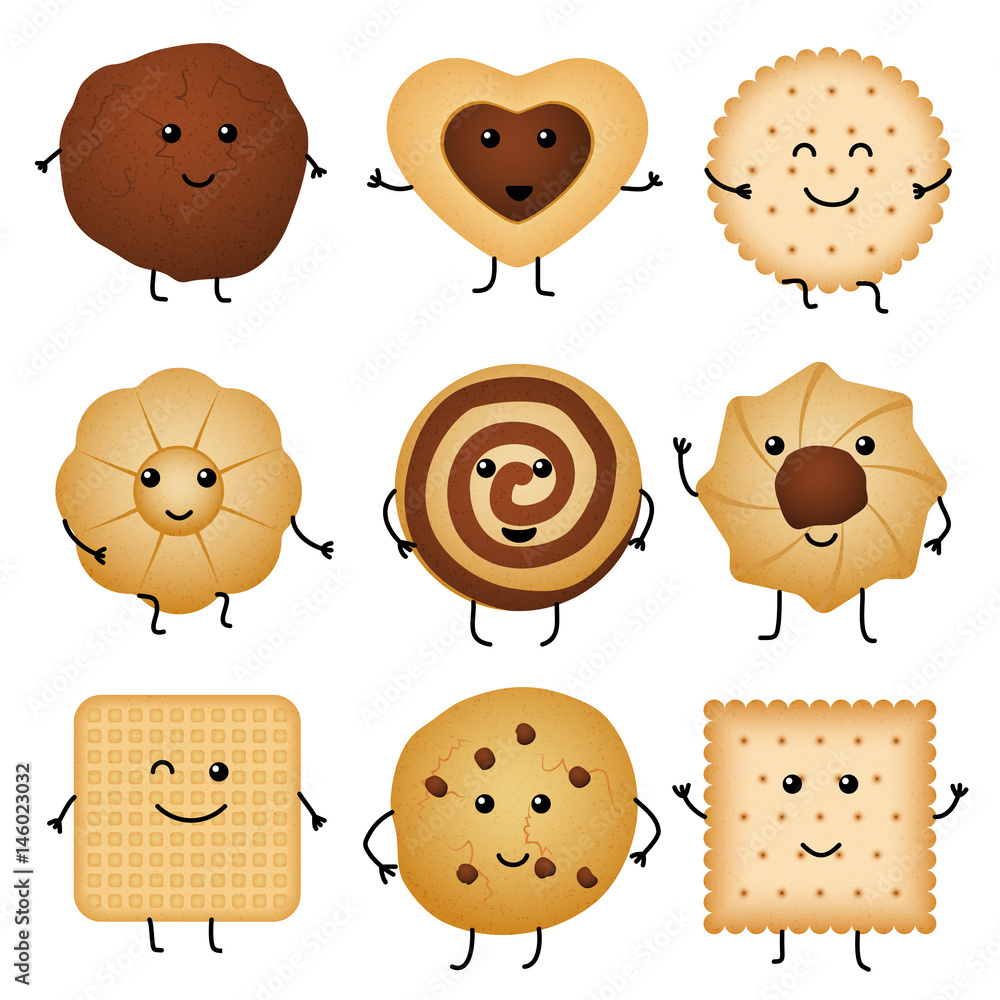 Cute cartoon funny cookies, bakery characters vector collection Stock ...