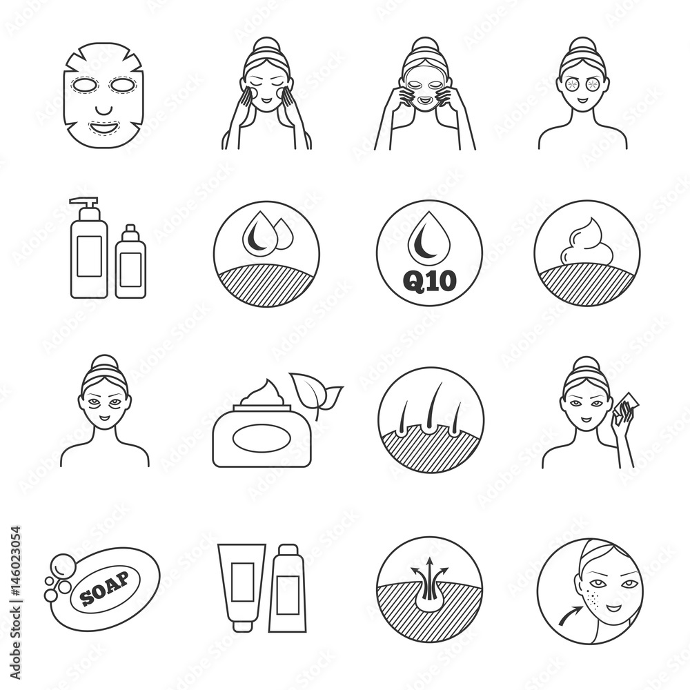 Skin care vector icons. Prevention of aging and eliminating of wrinkle ...