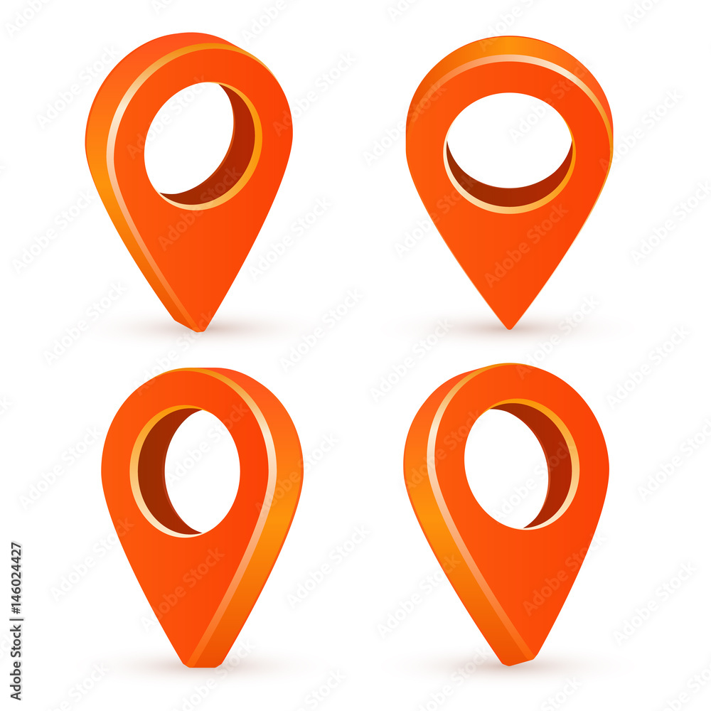 Seth orange map pointers. Map pointers 3d icons. Vector image isolated on a white background ...