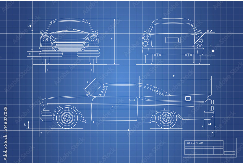 Engineering blueprint of retro car. Vintage cabriolet. Front, side and ...