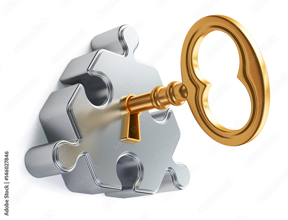 Gold key in the keyhole of a hexagonal puzzle. 3D rendering ...
