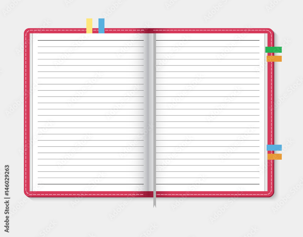 Open notebook on light gray background, vector illustration Stock ...