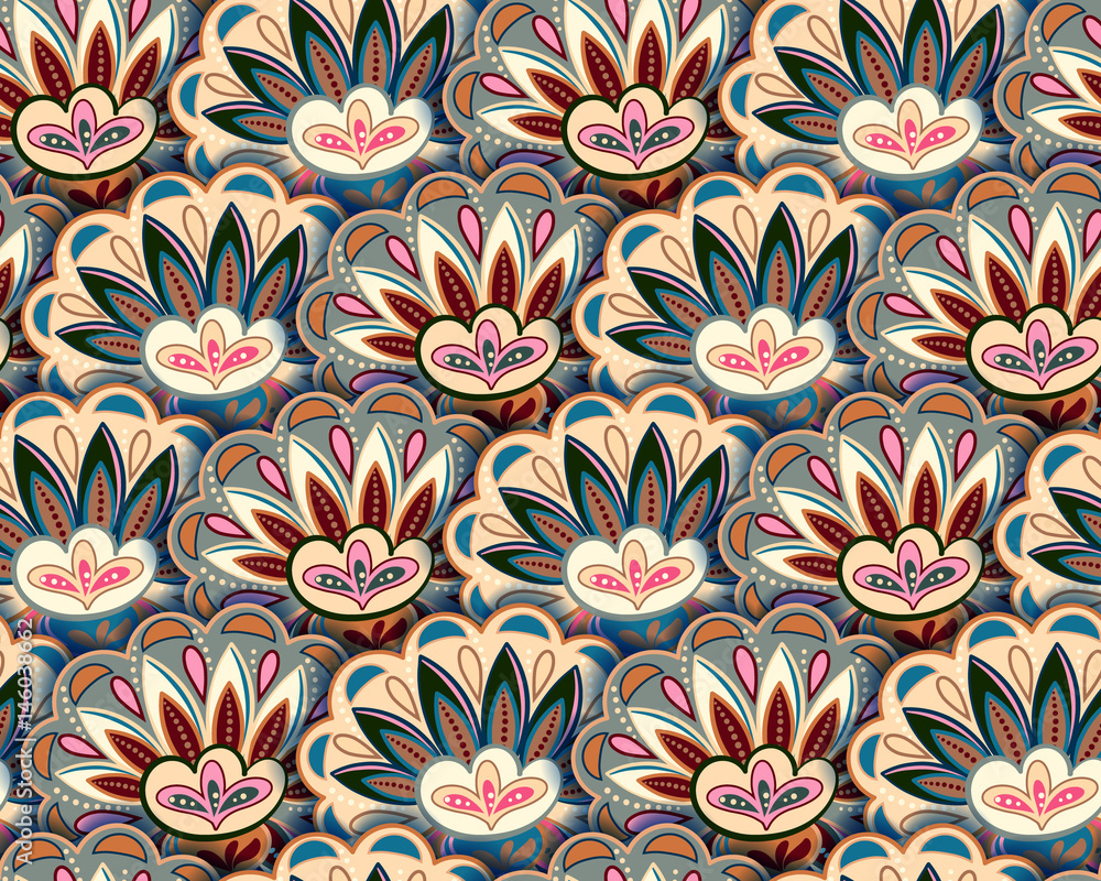 Seamless ethnic pattern with floral motives. Beige gray pink pastel ...
