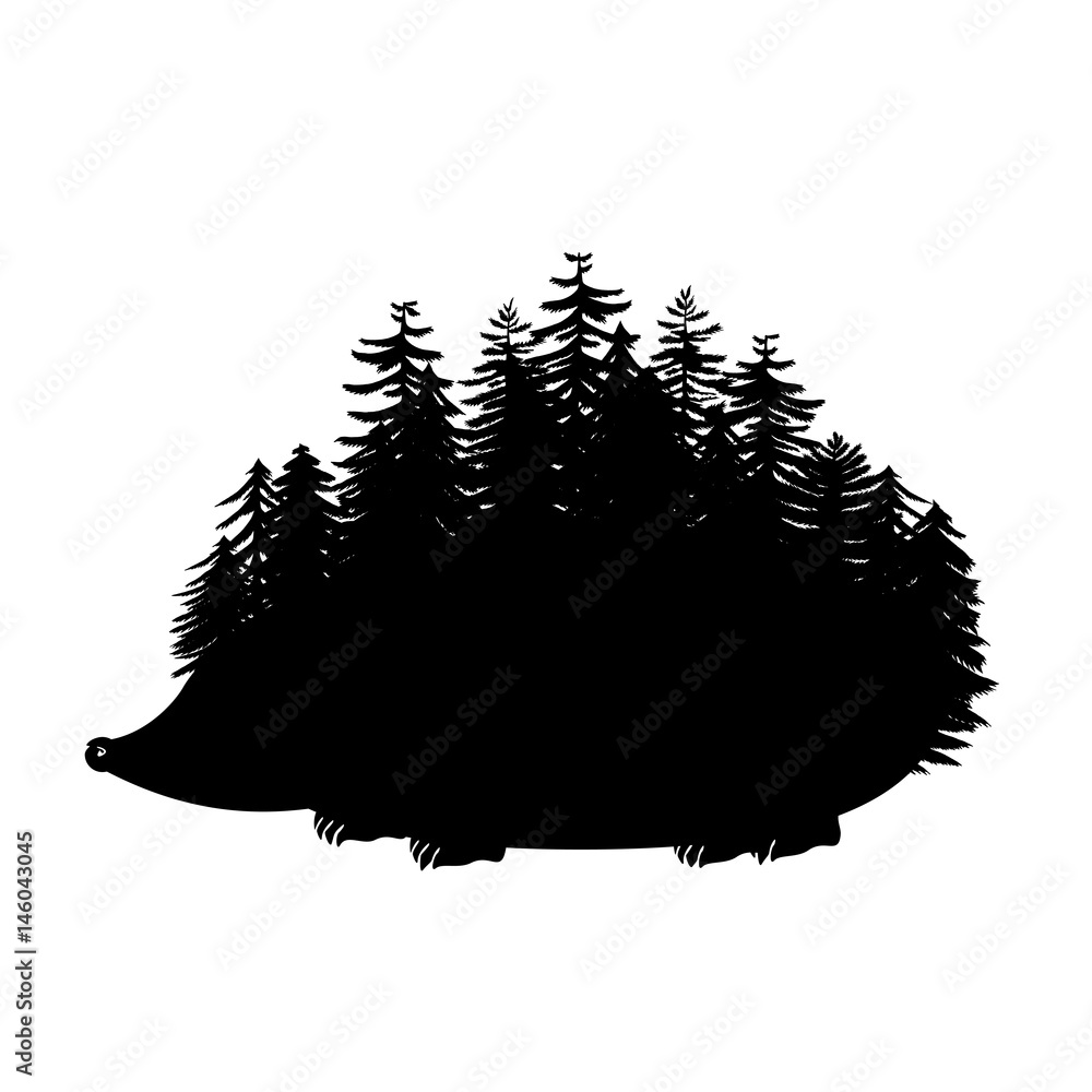 Hedgehog with quills as pine trees silhouette. Spiny forest animal ...