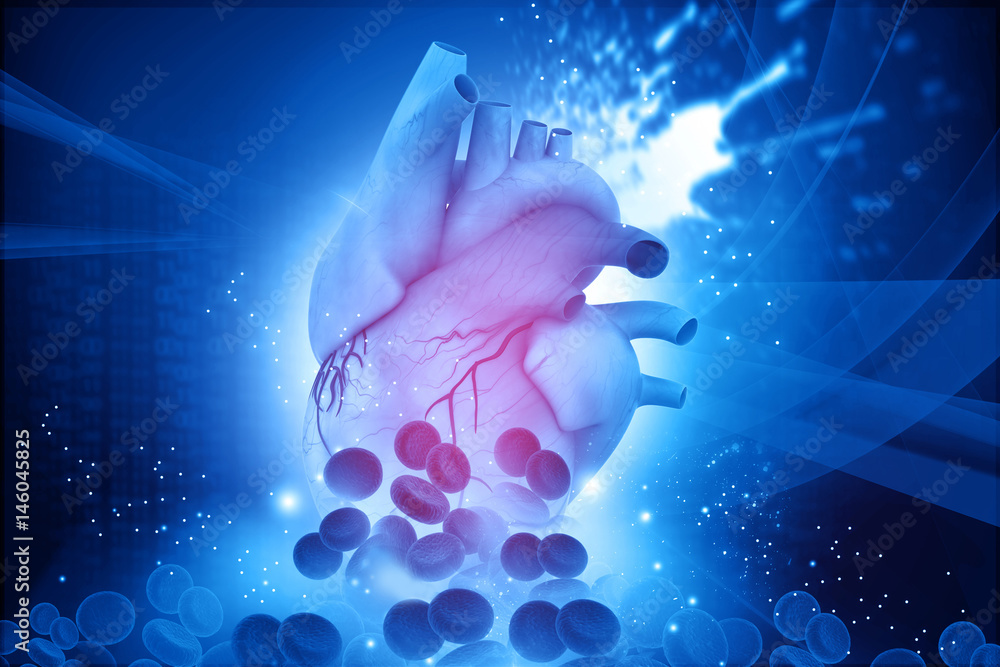 Human heart with blood cells on abstract background Stock Illustration ...