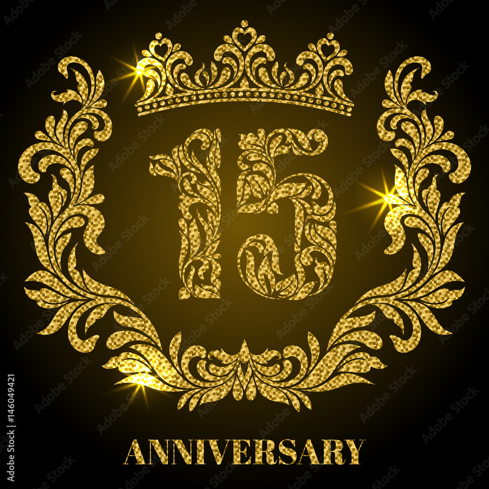 Anniversary of 15 years. Digits, frame and crown made in swirls and ...