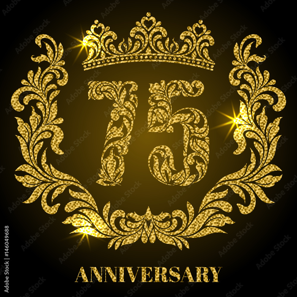 Anniversary of 75 years. Digits, frame and crown made in swirls and ...