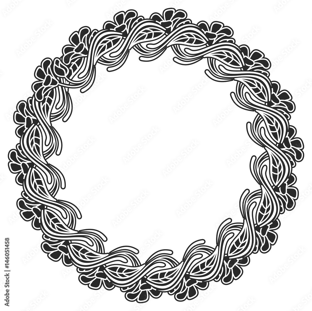Black and white round frame with floral silhouettes. Vector clip art ...