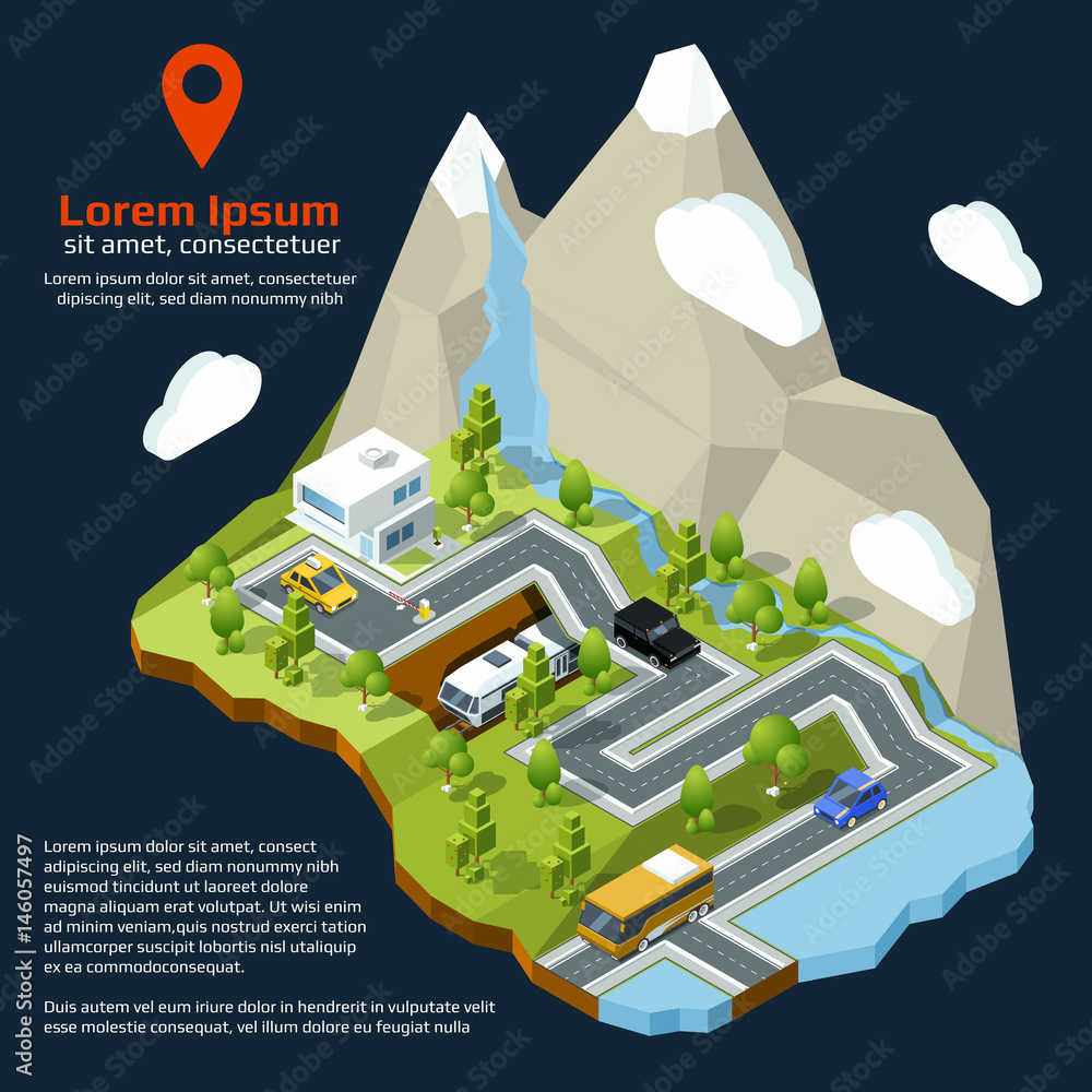 Vector isometric street. Urban elements on 3d map. Different houses set ...