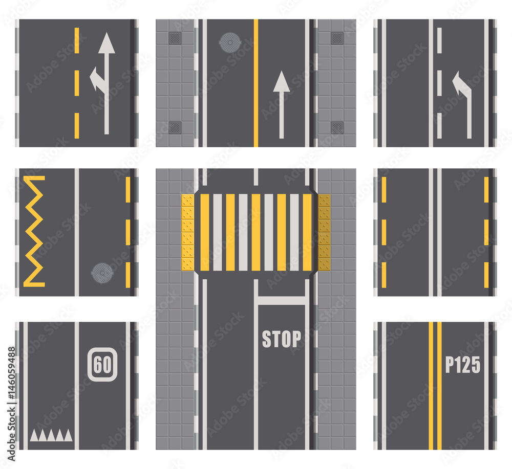 Collection of roads highway top view elements. Detailed isolated road ...