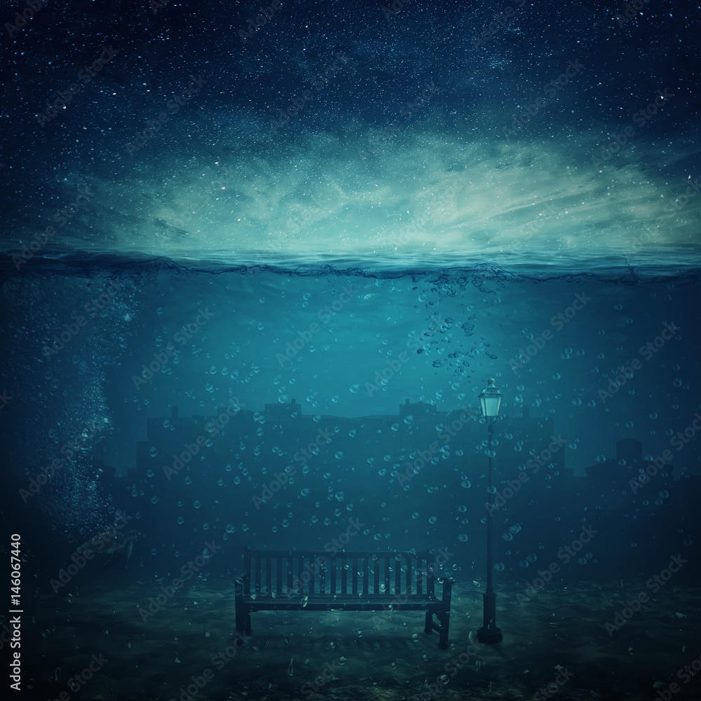 Underwater fantasy world. Modern city ruins under the sea and a wooden ...