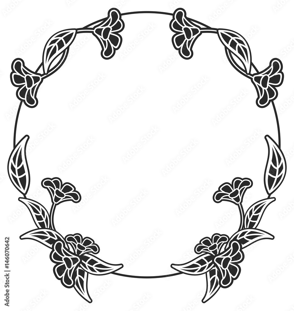 Black and white round frame with floral silhouettes. Vector clip art ...