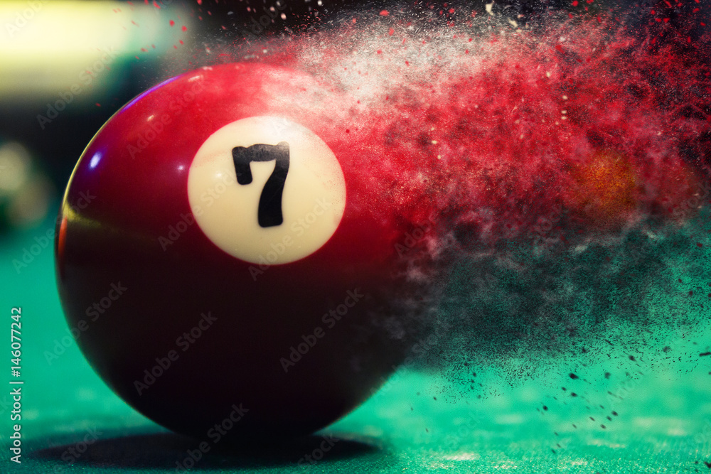 Red billiard ball splits into particles and debris Stock Photo | Adobe ...