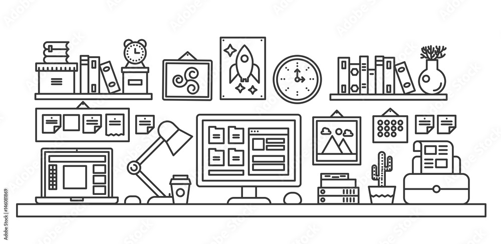 Vector illustration of black line single colored office table with ...