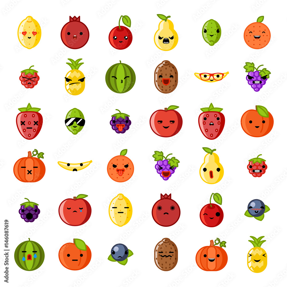 Cute emoji smile fresh fruit apple cherry watermelon kiwi strawberry ...