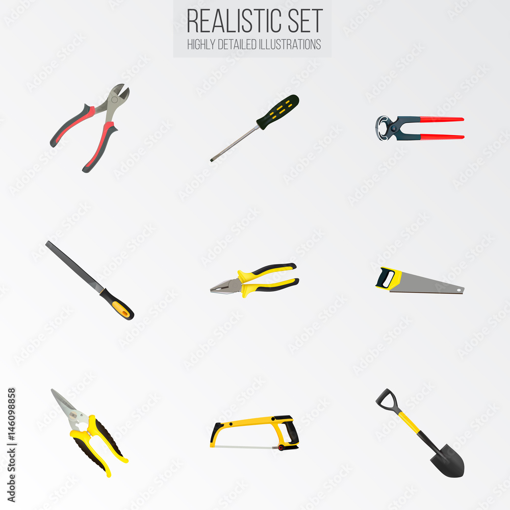 Realistic Spade, Sharpener, Arm-Saw And Other Vector Elements. Set Of ...