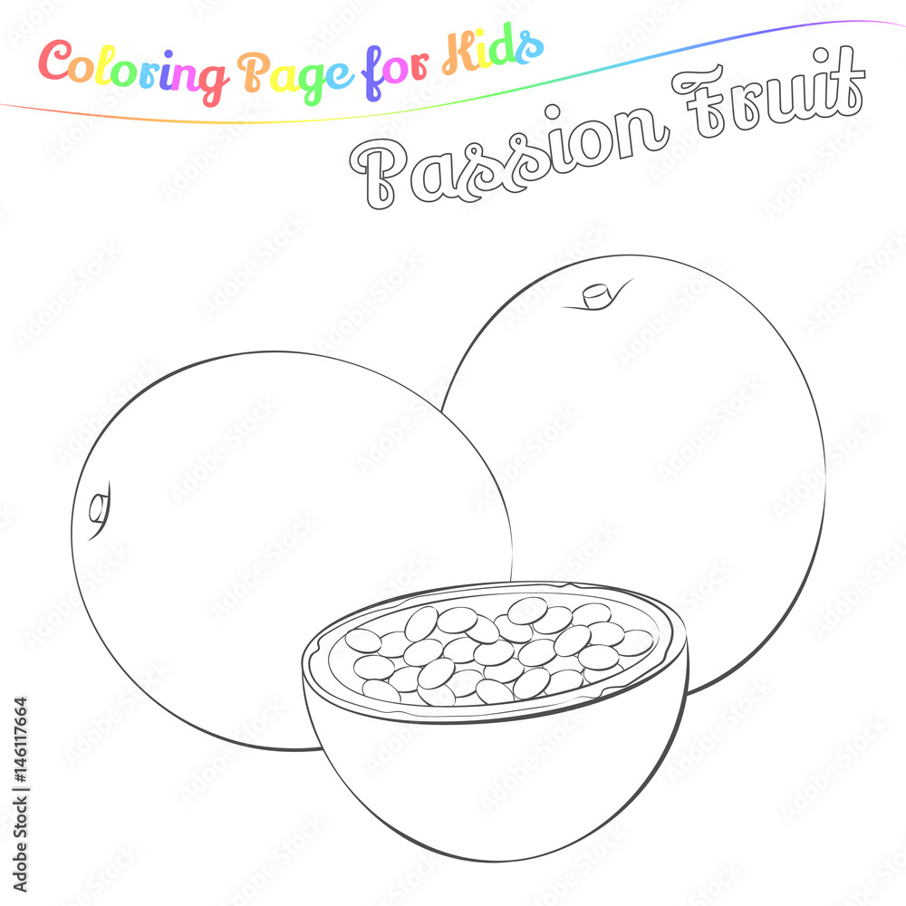 Yummy passion fruits for coloring in imple cartoon style. Page for art ...