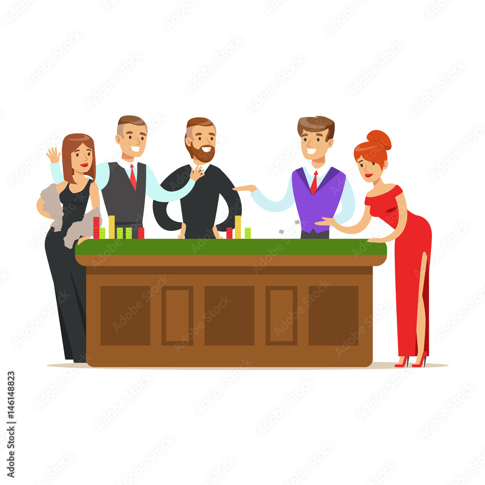 Happy people gambling at table in casino. Colorful cartoon character ...