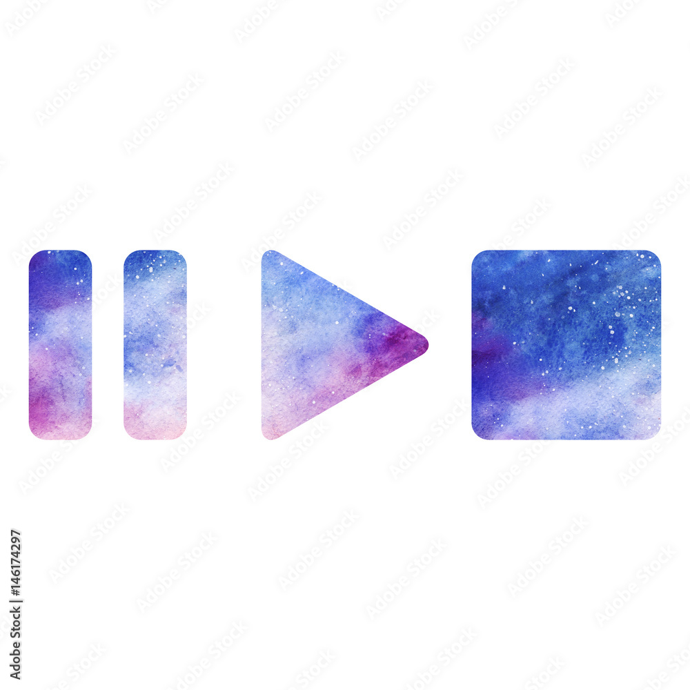 Media music video play pause stop button symbol space galaxy isolated ...