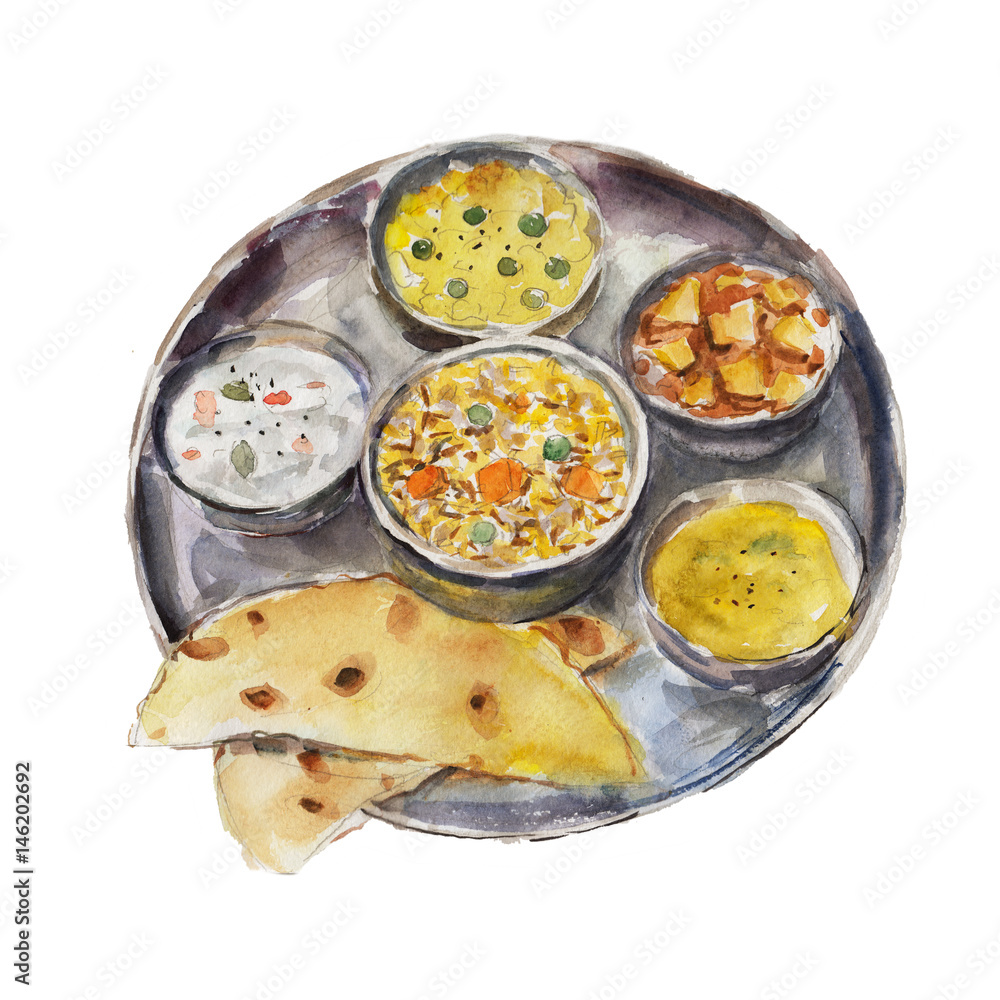 The national dish indian thali isolated on white background, watercolor ...
