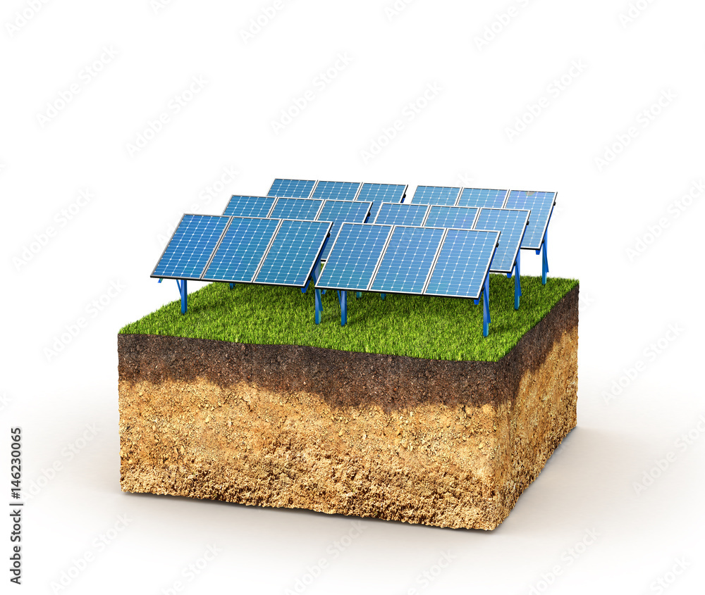 Energy concept. Cross section of ground with solar panels. 3d ...