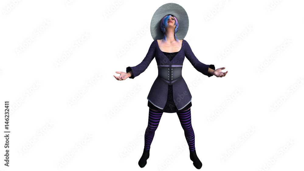 One young slim and pretty witch with a long hat. She stands with her ...