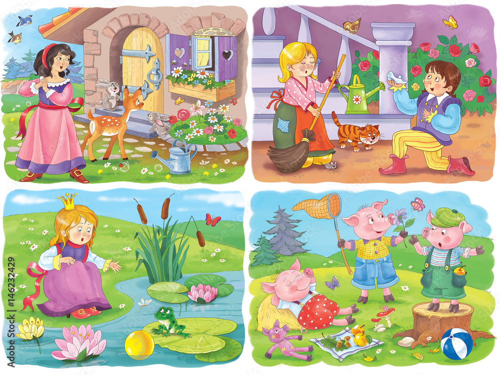 Small set of fairy tale illustrations. Snow White. Cinderella. Frog ...