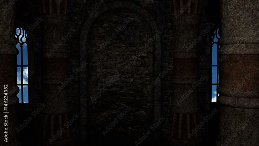 The view is inside the medieval tower made of stone. Inside it's dark ...