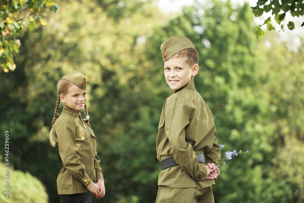 Two children in military uniforms of the Great Patriotic War Stock ...