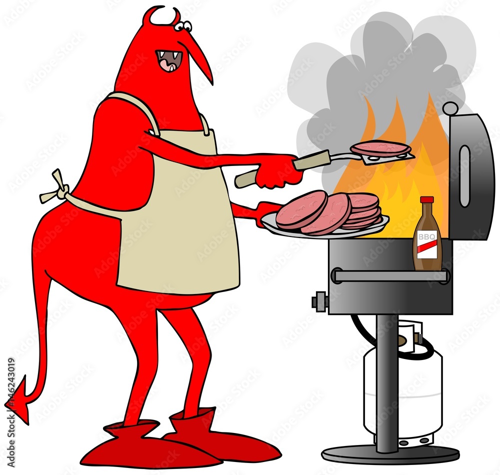 Illustration of a red devil wearing an apron and putting hamburger ...